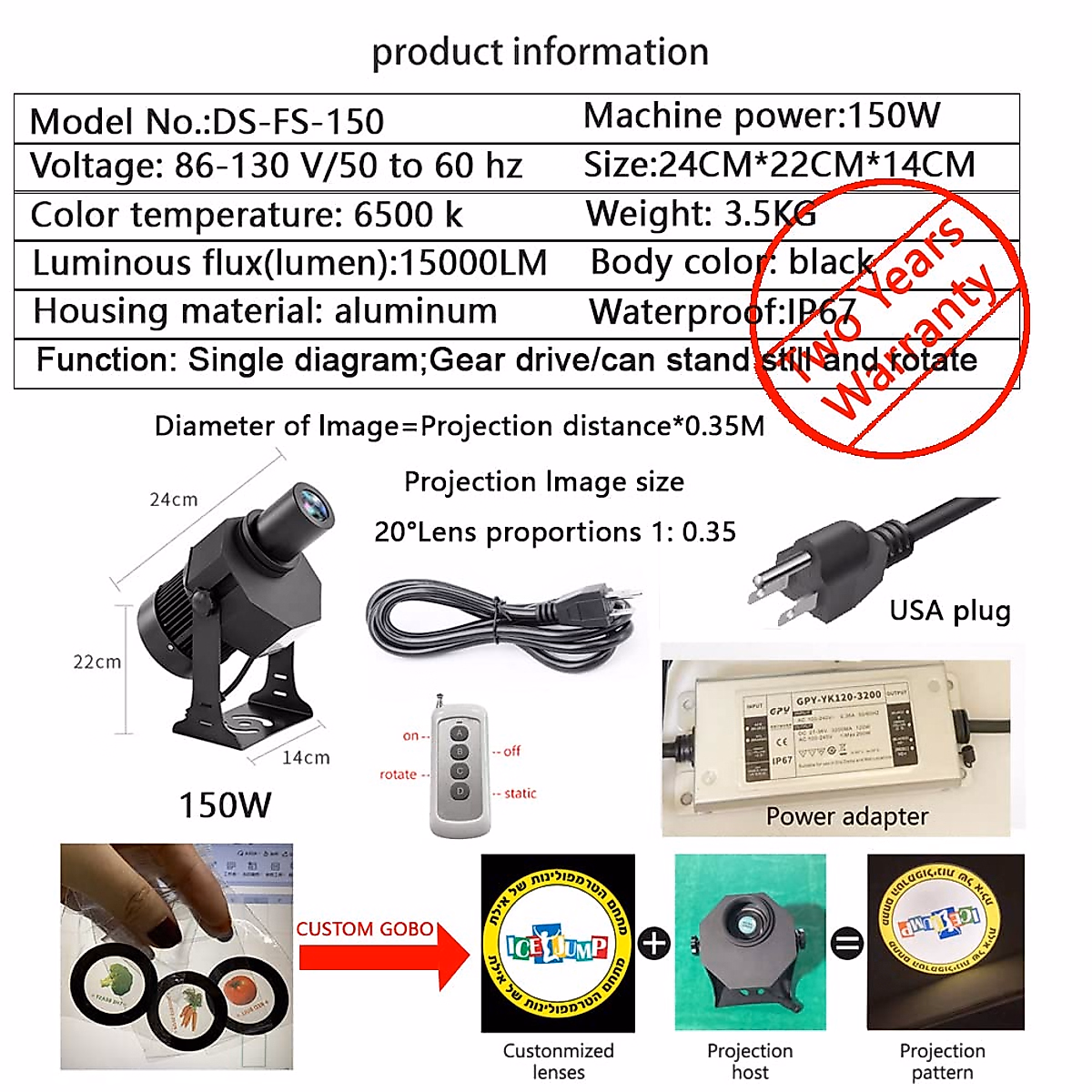 150W LED Logo GOBO Projector Ip67 Waterproof DJ Effect Light Including Free Custom Glass GOBO to Project Image for Hotel Company Store Wedding Advertising Indoor and Outdoor Use (150W)