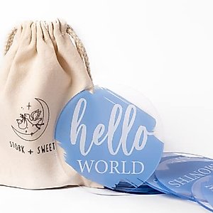 Stork+Sweet Monthly Baby Milestone Cards, Cute Acrylic Cards for Shower Gifts, 13 4in Discs + Canvas Bag, Newborn Gift Set Boys & Girls, Milestone, Blue, 1