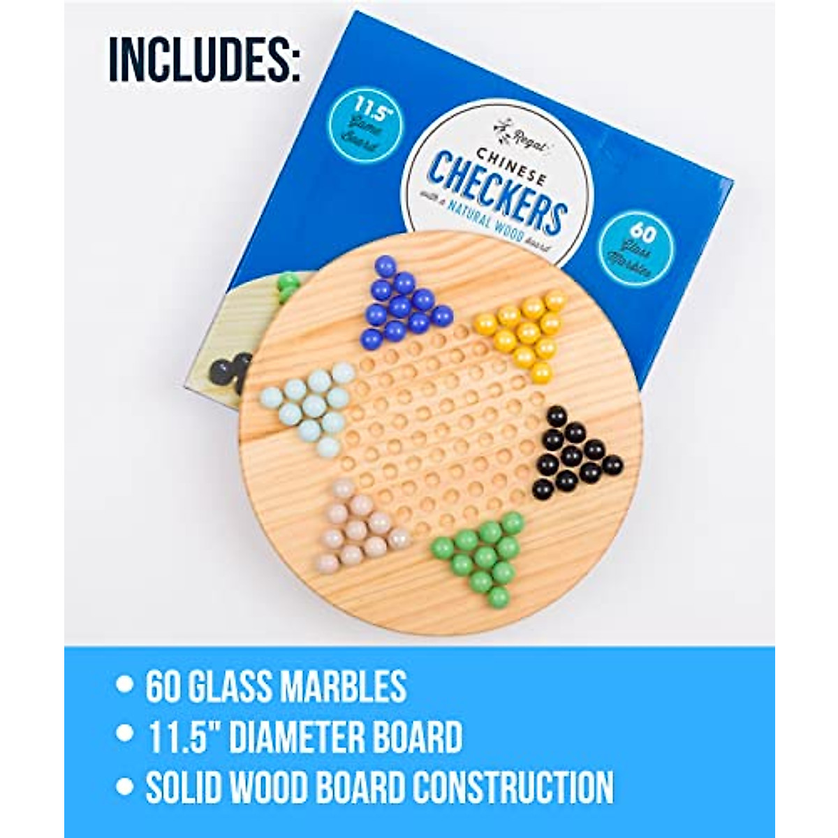 Regal Games - Chinese Checkers -11.5” Natural Wood Game Board with 60 Glass Marbles Assorted, Fun, Family-Friendly Board Game - Ideal for Up to 6 Players Ages 8+