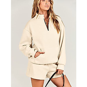 ANRABESS Women Two Piece Outfits 2023 Fall Clothes Set Sweatsuit Oversized Half Zipper Fleece Sweatshirt Casual Comfy Short Lounge Matching 1030mibai-S