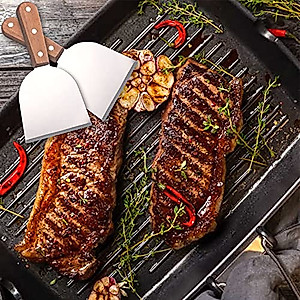 ZINC WEALD Grill Scraper for Griddle- 2pcs Stainless Steel Slant Grill Spatula Scraper Diner Flat Straight Blade with Riveted Wooden Handle for Teppanyaki, BBQ, Dough Pancake and Pizza