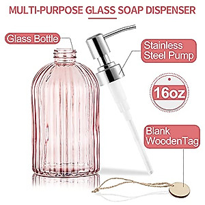 MOCLIF 16OZ Fashion Stripe Clear Glass Refillable Soap Dispenser with 304 Stainless Steel Pump Premium Soap Dispenser， for Kitchen, Bathroom, Hand Sanitizer, Liquid Soap, Lotion, etc. (Clear Pink)