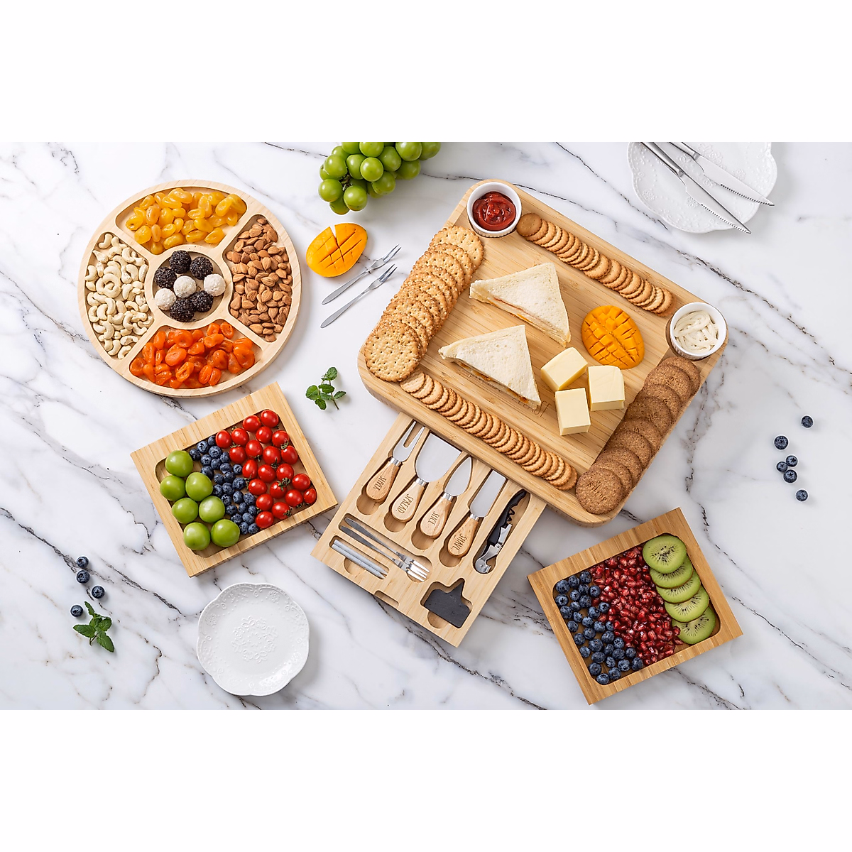 Rae Dunn Charcuterie Board & Accessories - Large Charcuterie Board Set, Bamboo Cheese Board Set with Serving Forks and Platters, Cheese Knives Included