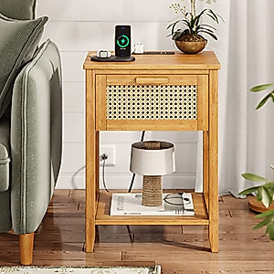 VIAGDO Nightstand with Charging Station, Bamboo End Table, Bedside Table with Rattan Drawer, Night Stand for Bedroom, Natural