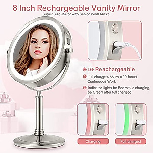 VESAUR 8" Rechargeable Lighted Makeup Mirror, 1X/10X Magnifying Mirror with 3 Colors 50 LED Lights, Touch Screen Brightness Adjustable, Removable Travel Vanity Mirror 360° Rotation, Senior Nickel