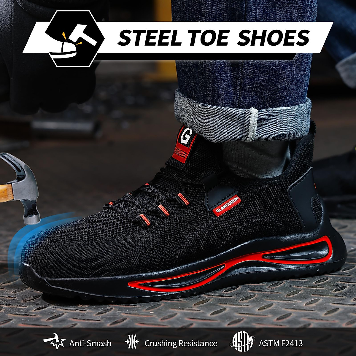 GLANOUDUN Steel Toe Shoes for Men Black Work Shoes for Men Lightweight Steel Toe Sneakers for Men Comfort Mens Safety Shoes Indestructible Working Shoes Red