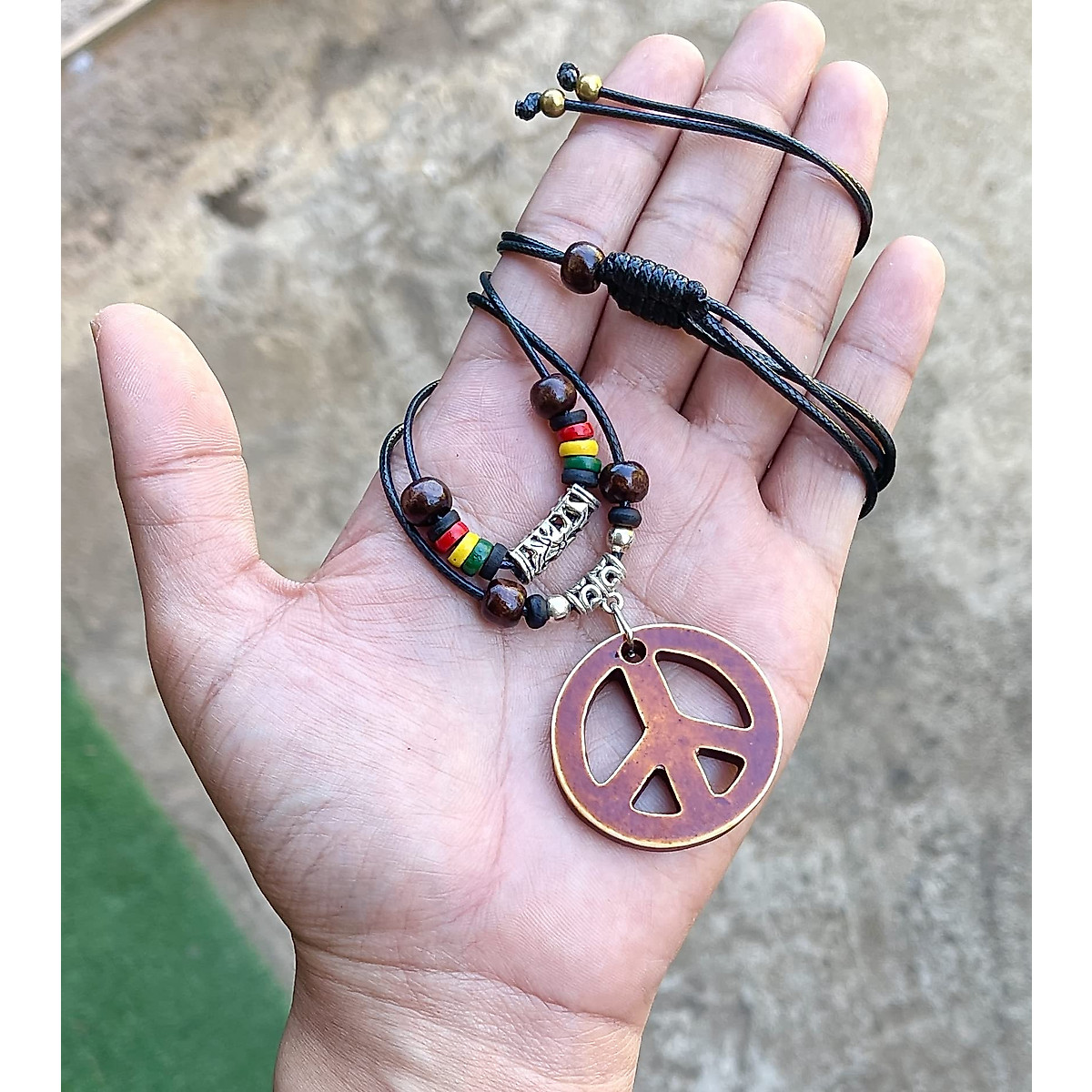 LAVIP Leather Peace Sign Pendant Double Layers Peace Symbol Brown Pendant Necklace Coconut wood Beads
