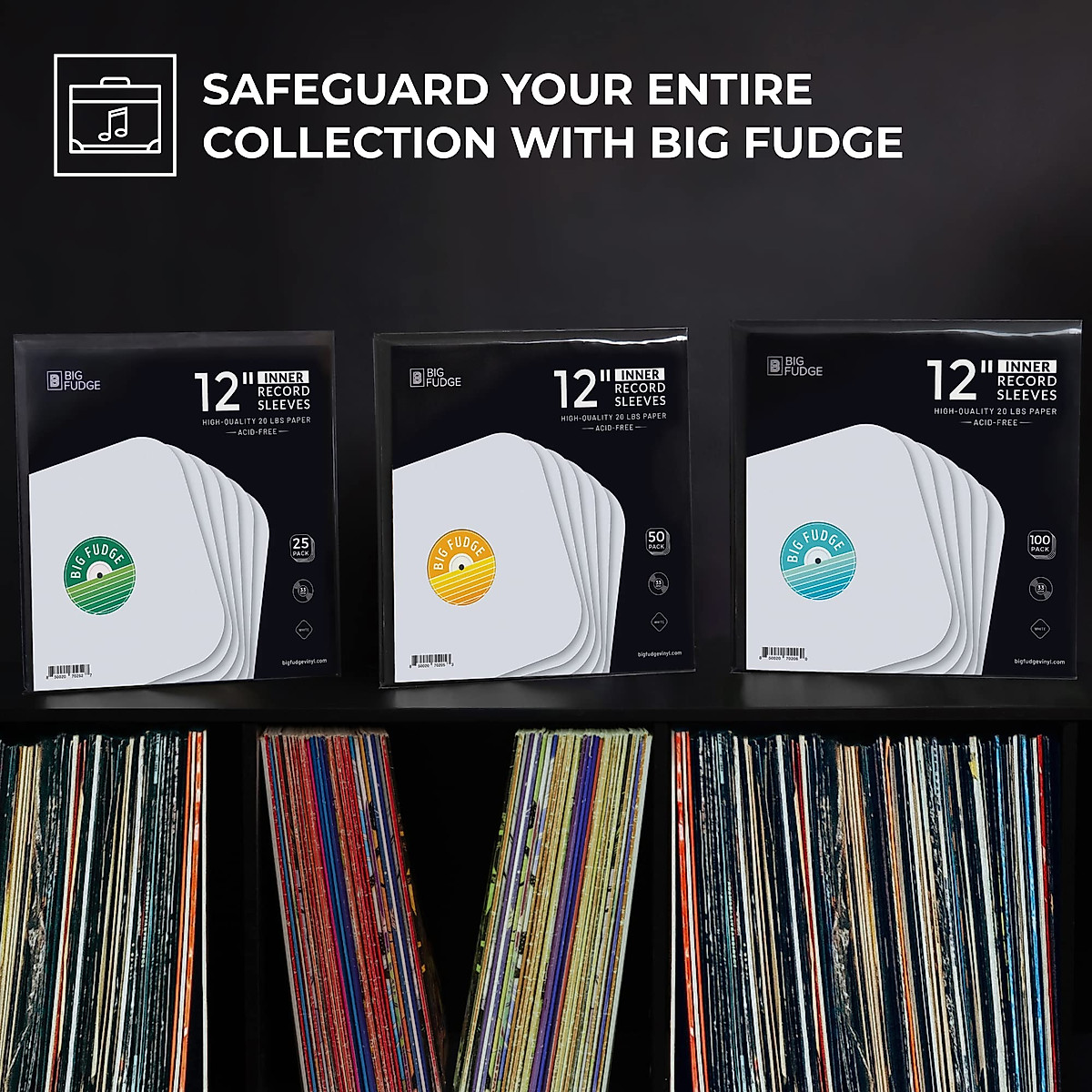 Big Fudge 25x Vinyl Record Inner Sleeves - Round Corners for 12" Records - Vinyl Record Sleeves in Heavyweight & Acid Free Paper - Protective LP Album Cover - White