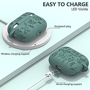 Flower Engraved Case for Apple AirPods Pro 2 Gen,Soft Silicone Protective Case Cover for AirPods Pro 2nd/1st Generation AirPod Case with Clean Kit Carabiner,Lanyard,Front LED Visible,Pine Green