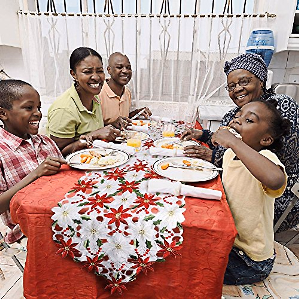 OurWarm 15 x 70 Inch Embroidered Christmas Table Runner Red Table Linens for Christmas Decorations, Luxury Holly Poinsettia Table Runner for Dining Kitchen & Dining Table