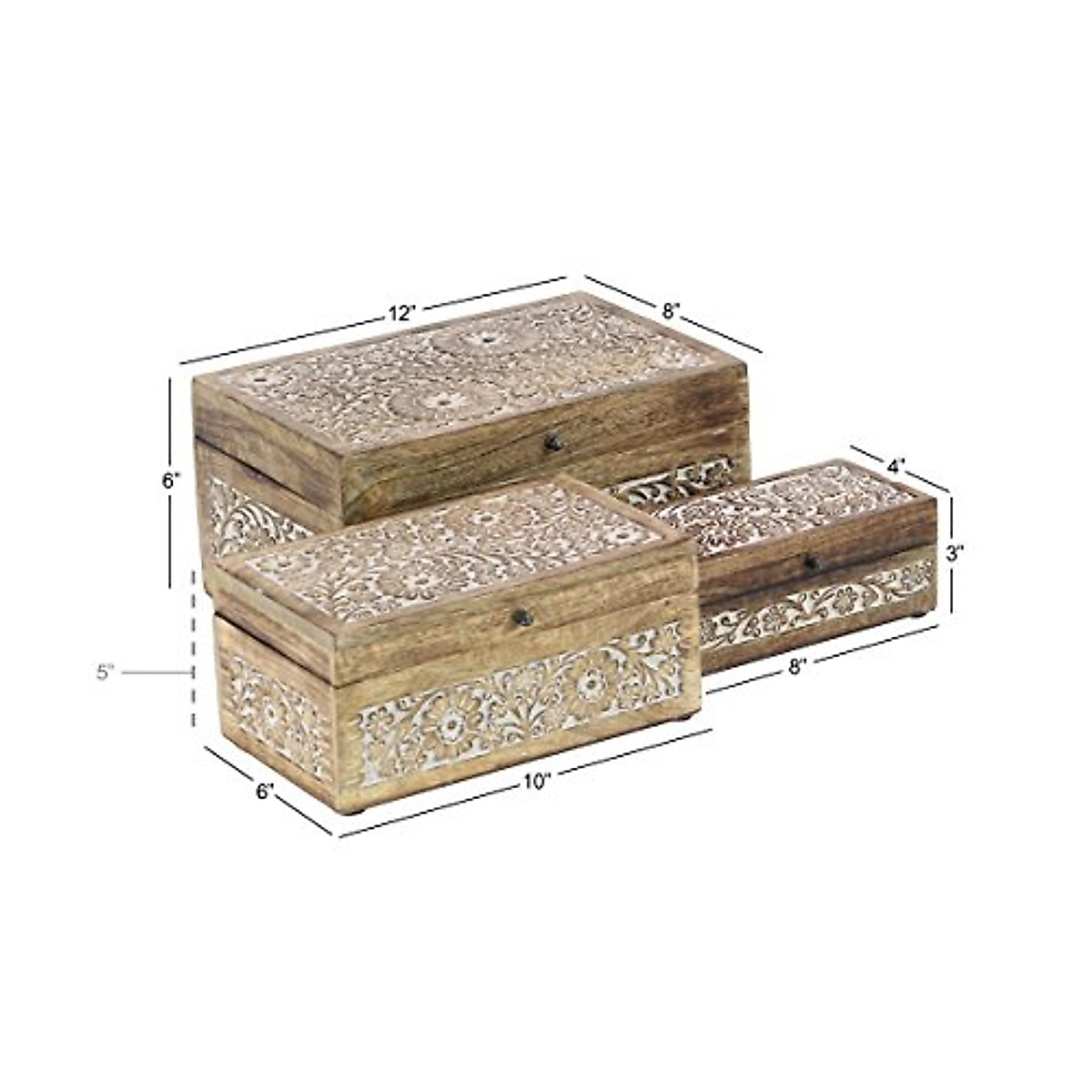 Deco 79 Mango Wood Floral Box with Hinged Lid, Set of 3 8", 10", 12"W, Brown