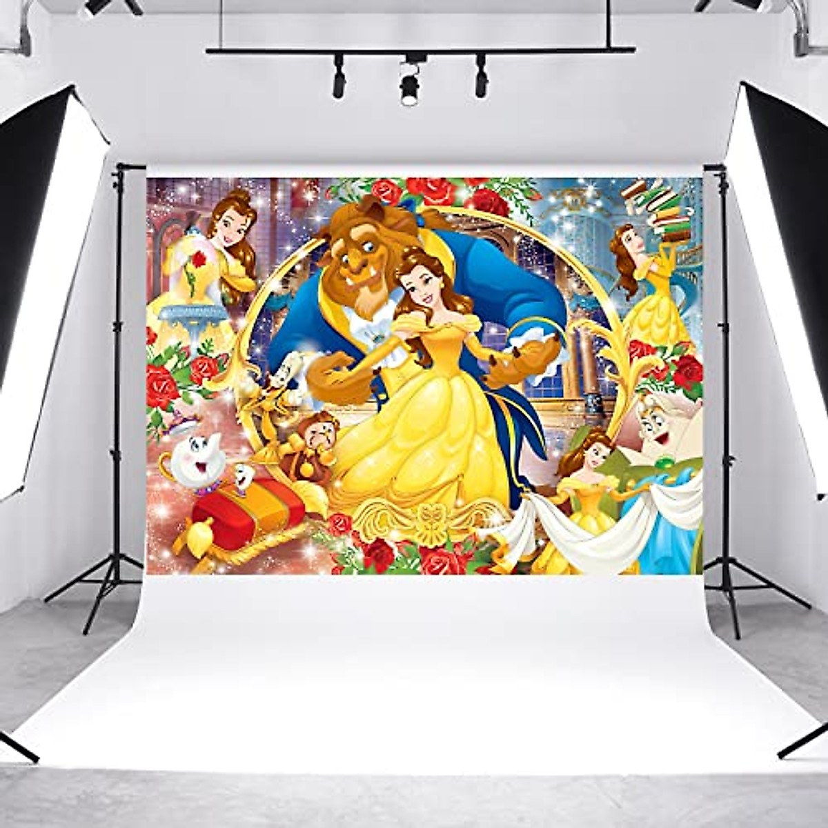 Beauty and The Beast Backdrop,7x5 FT Princess Belle Banner Princess Belle Background Beauty and The Beast Theme Birthday Party Backdrop Supplies & Decor for Girls
