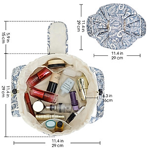 Barrel Drawstring Makeup Bag Large Cosmetic Bag Make up Bags Toiletry Organizer for Women (Blue Leaf) (Patent Pending)