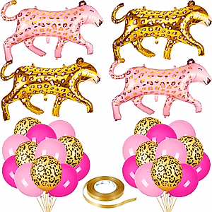 45 Pcs Safari Party Balloons Include 40 Pcs Cheetah Print Pink Latex Balloons and Ribbon 4 Pcs Leopard Balloons Jungle Animal Foil Balloons for Wild Zoo Jungle Theme Baby Shower Birthday Party Decor