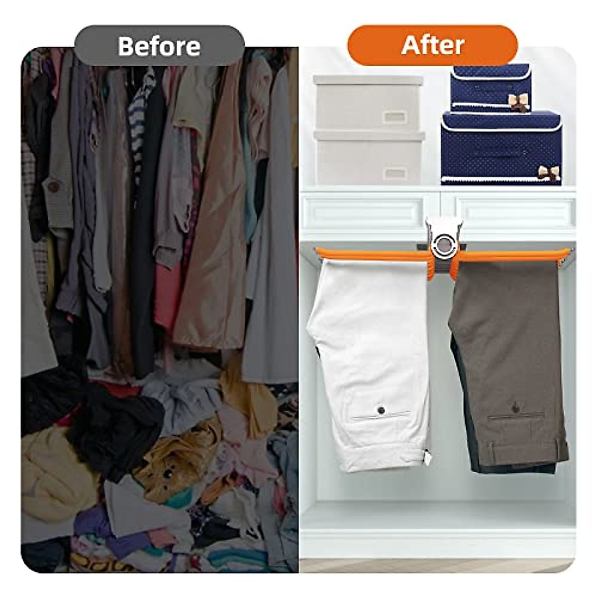 Pull Out Pants Rack for Closet 22 Arms, Pull Out Trousers Rack, 22.8”x18.1”x5.1”, Multi Functional Pull Out Pants Hanger Organizers, Dampening Buffer Sliding Rail, Maximum Load 33lbs, Orange