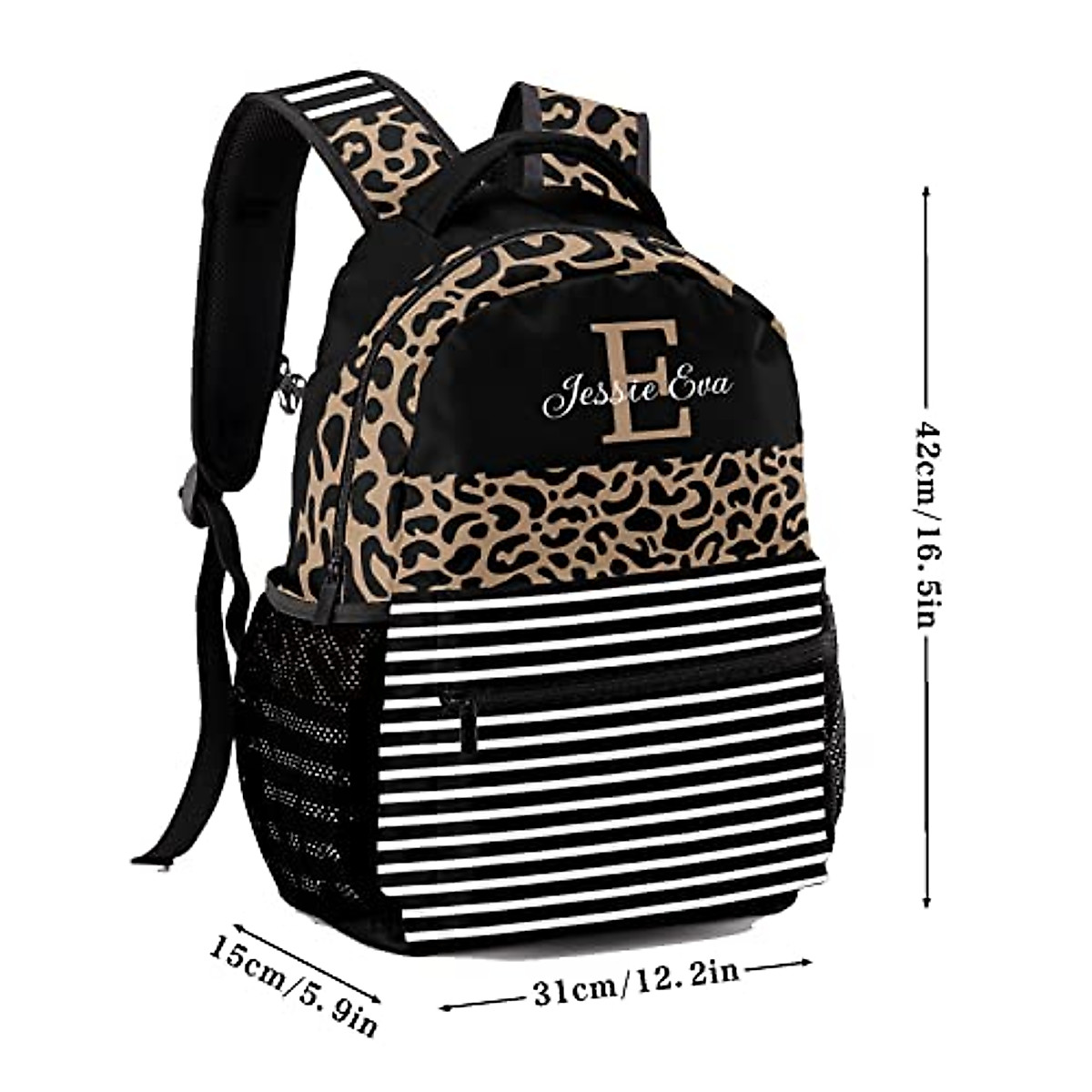 Custom Kid Backpack, Black White Striped Leopard Personalized School Bookbag with Your Own Name, Customization Casual Bookbags for Student Girls Boys