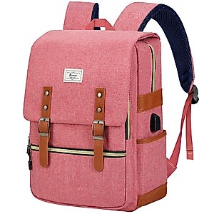 Ronyes Vintage Laptop Backpack for Women Men,15.6 inch Bookbag Casual Daypack with USB Charging Port for College Work, Pink Backpacks