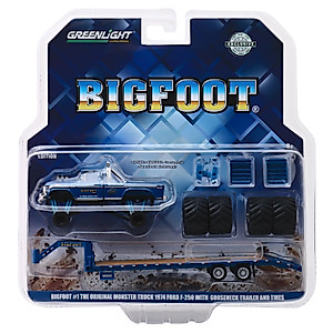 Greenlight 1:64 Bigfoot #1 The Original Monster Truck (1979) - 1974 F&250 Monster Truck on Gooseneck Trailer with Regular and Replacement 66 inch Tires 30054 [Shipping from Canada]