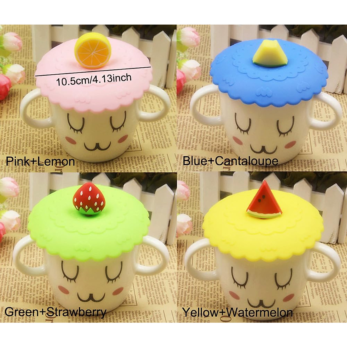 AKOAK 4 Pcs Lovely Fruit Lace Pattern Silicone Cup Lid, Creative Sealing Leakproof Glass Cup Lid Coffee Cup Suction Lid