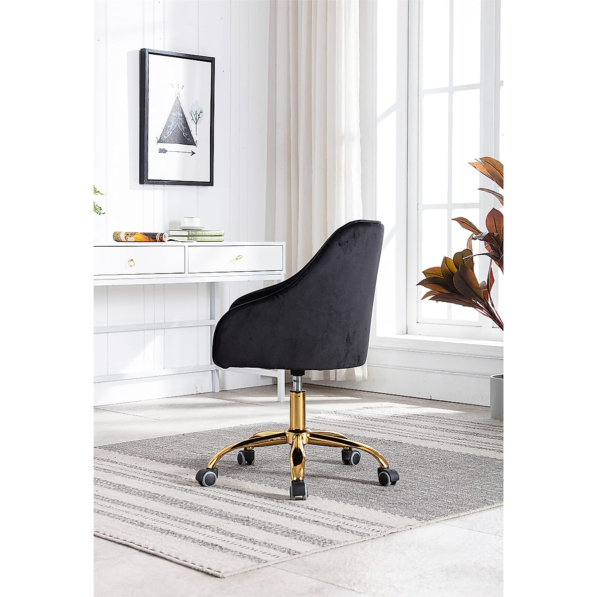 KUIKUI Velvet Desk Chair, Modern Office Chair, Wheels Swivel Height Adjustable Swivel Task Chair for Home Office,Black