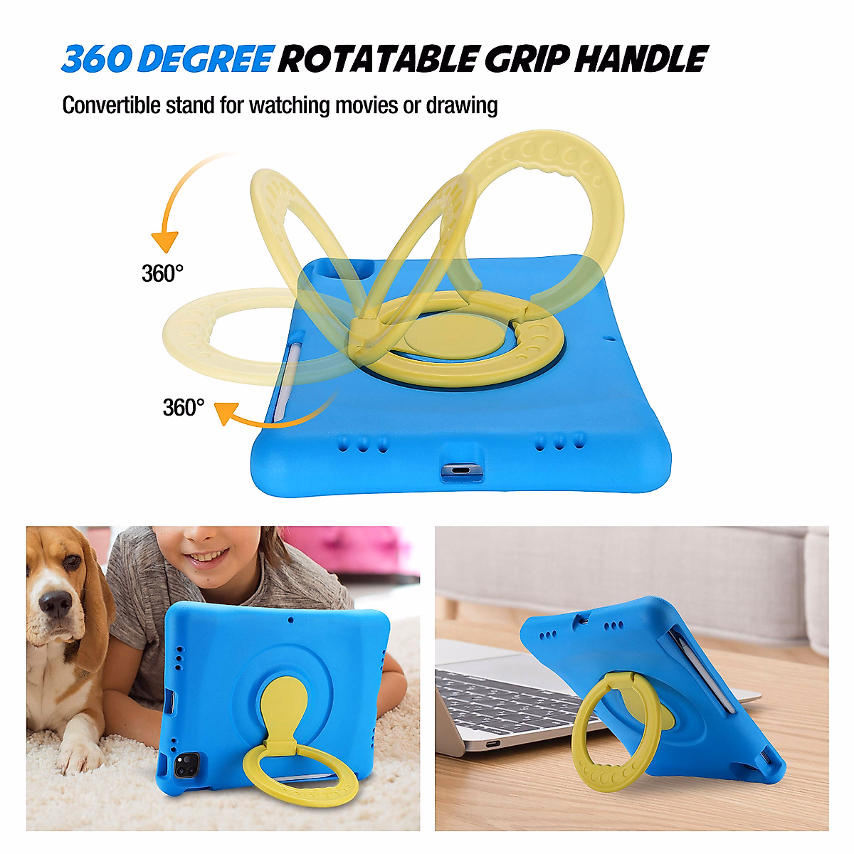 ProCase Kids Case for iPad Air 10.9" 5th Gen 2022/4th Gen 2020/iPad Pro 11 2020/2018, Shockproof Rotate Handle Fold Stand Lightweight Kids Friendly Case –Blue