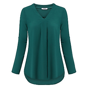 Youtalia Long Sleeve Tops for Women, Ladies Business Casual Shirts Loose Cute V Neck Chiffon Blouses Solid Color Pleated Flowy Tunic Shirts for Party (X-Large, Dark Cyan)