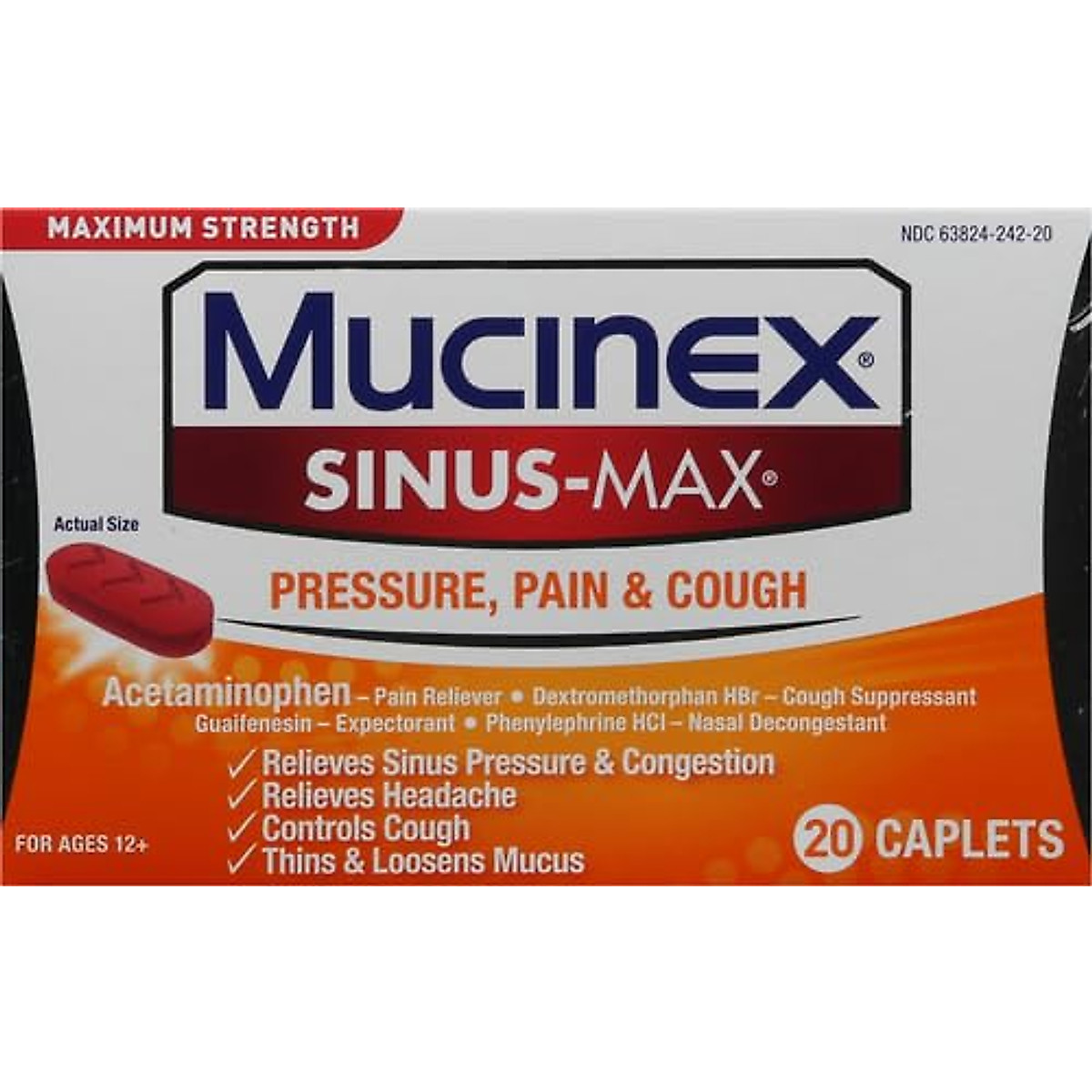 Mucinex Maximum Strength Sinus-Max Pressure, Pain & Cough Caplets, 20 ct, Relieves Minor Aches and Pains, Headache, Chest Congestion, Nasal Congestion, Sinus Pressure, and Controls Cough