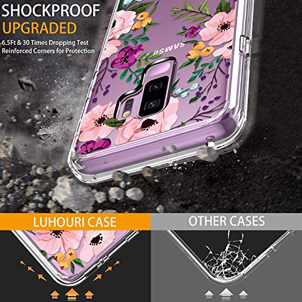 LUHOURI Samsung Galaxy S9 Plus Case Clear with Design for Girls Women,Shockproof Hard PC Cover and Soft TPU Bumper Slim Fit Protective Phone Case for Galaxy S9+ Plus 6.2 inch Purple Blossoms