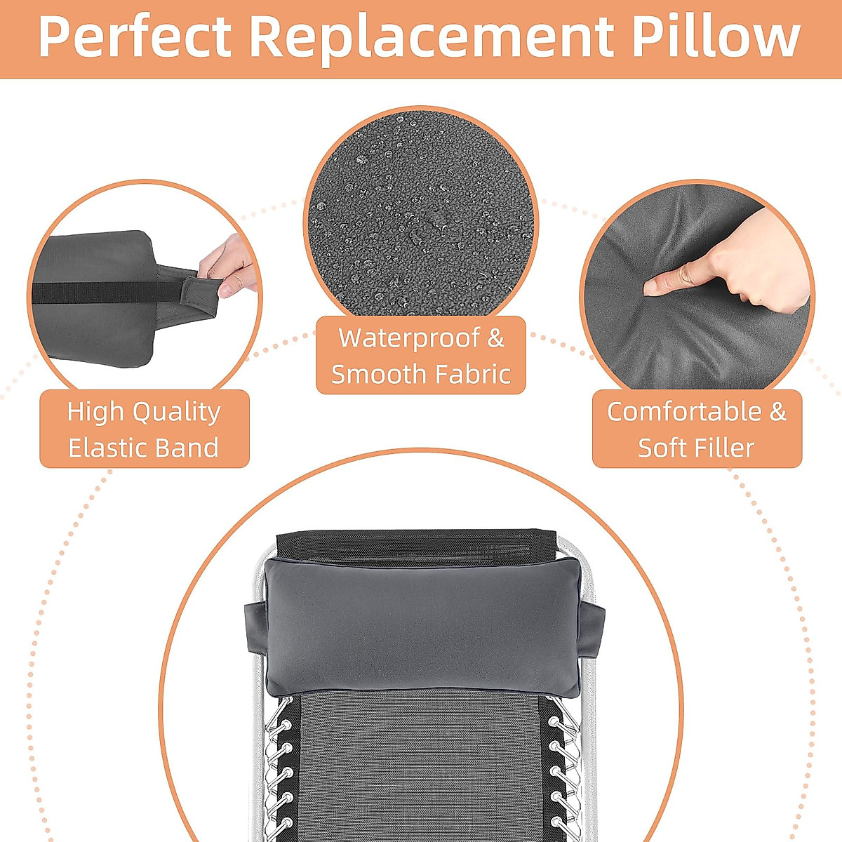 AkiiGer Head Pillow for Recliner Lounge Chair, Zero Gravity Chair Pillow Replacement, Removable pillowcase/Elastic Band