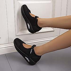 YSMIIH Womens Walking Mary Jane Wedges Sneaker Hook and Loop Comfort Nurse Shoes Casual Rockers(Black,8