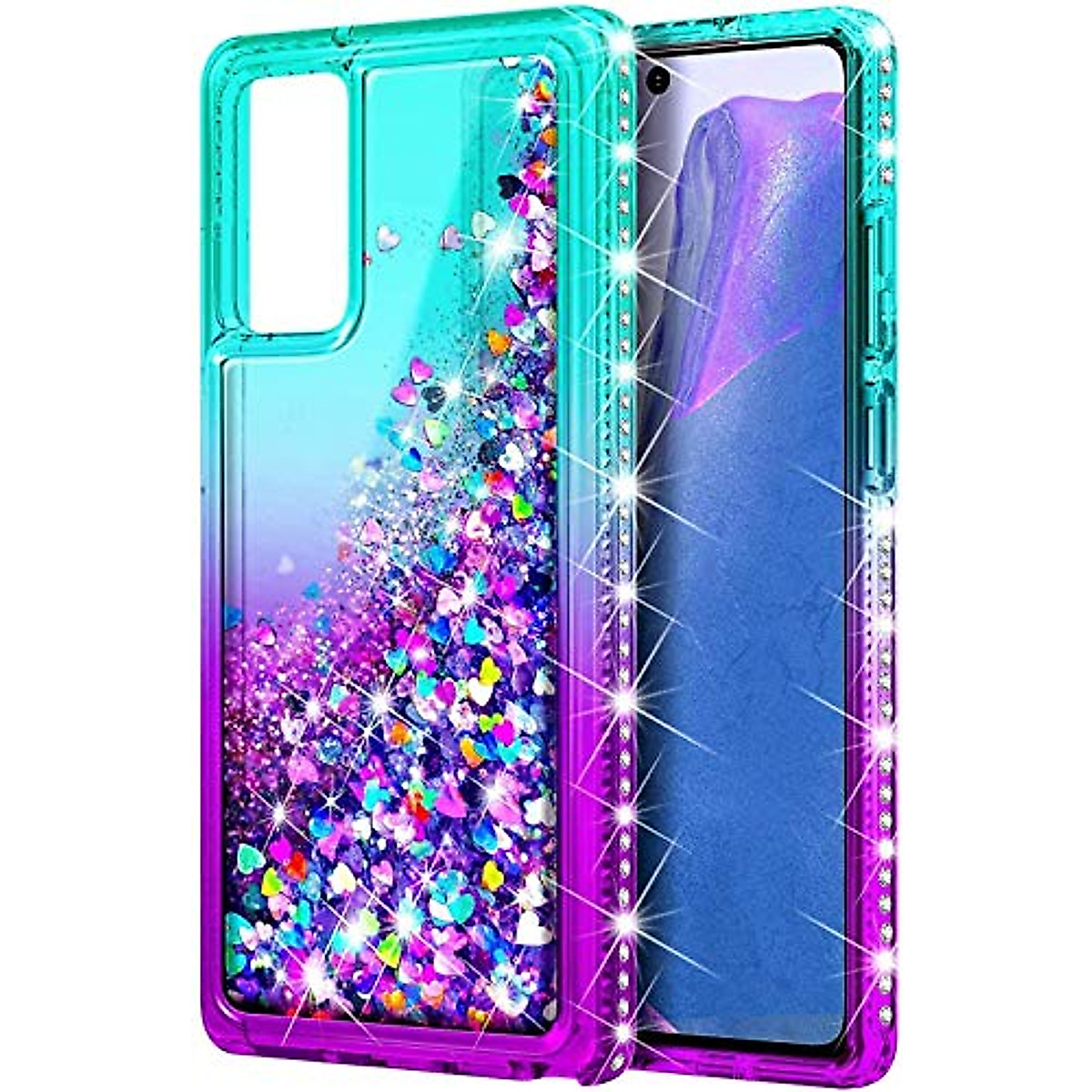 NZND Case for Samsung Galaxy A02S with Tempered Glass Screen Protector (Full Coverage), Sparkle Glitter Flowing Liquid Shiny Bling Diamond, Women Girls Cute Phone Case (Aqua/Purple)
