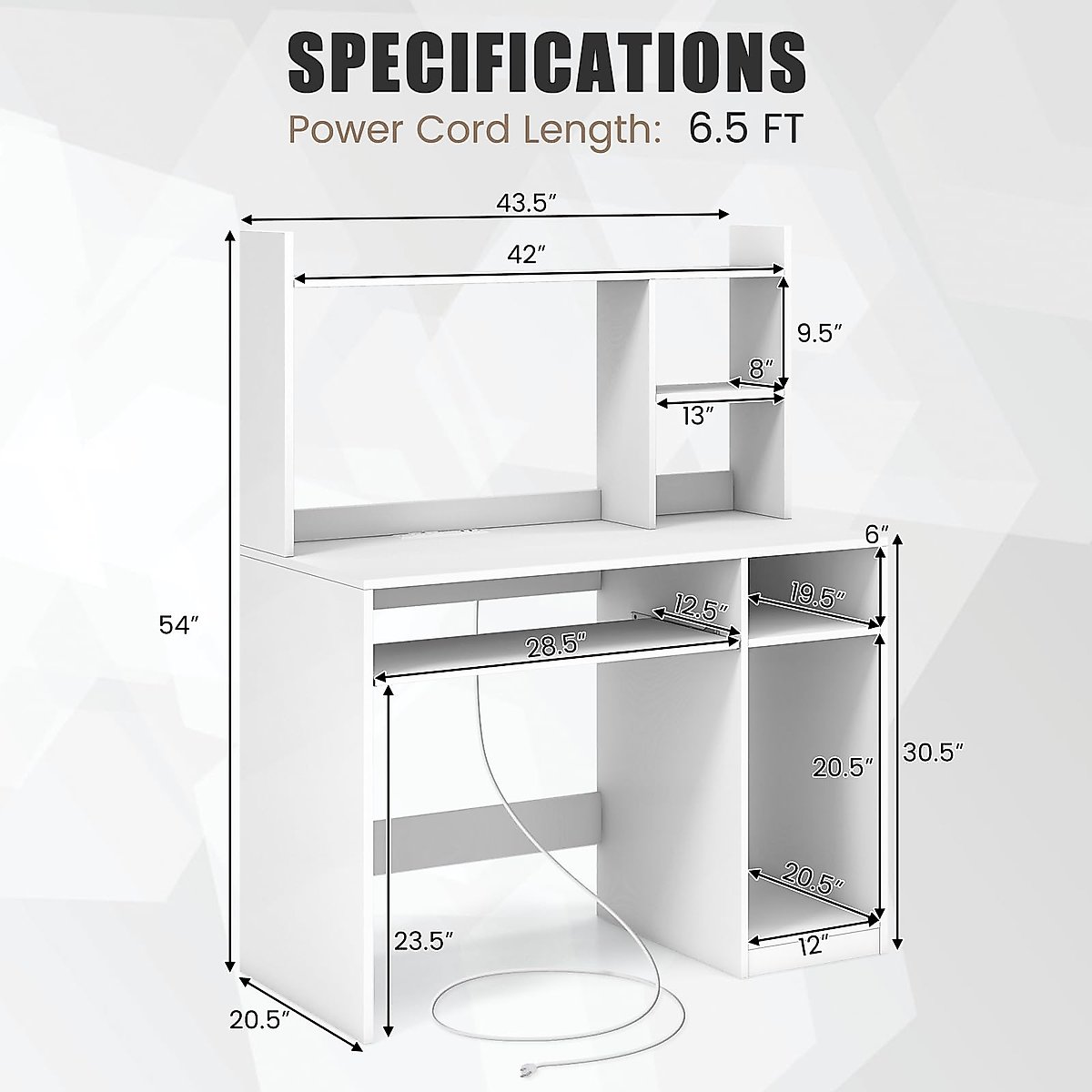 COSTWAY White Computer Desk with Storage Shelf, Wooden Writing Desk with Hutch, Office Desk with CPU Stand & Keyboard Tray, Home PC Desk with Bookshelf, for Bedroom, Study, Living Room