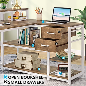 Tribesigns Reversible 55-inch L Shaped Desk with Drawer, Modern L Corner Desk Home Office Table with Storage Shelves and Monitor Stand, Rustic Wooden and Metal PC Table for Small Space (Oak)