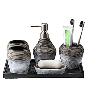 TFIIEXFL Black & Beige Ceramic Bathroom Set w/Soap Dispenser, Toothbrush Holder, Tumbler & Soap Dish