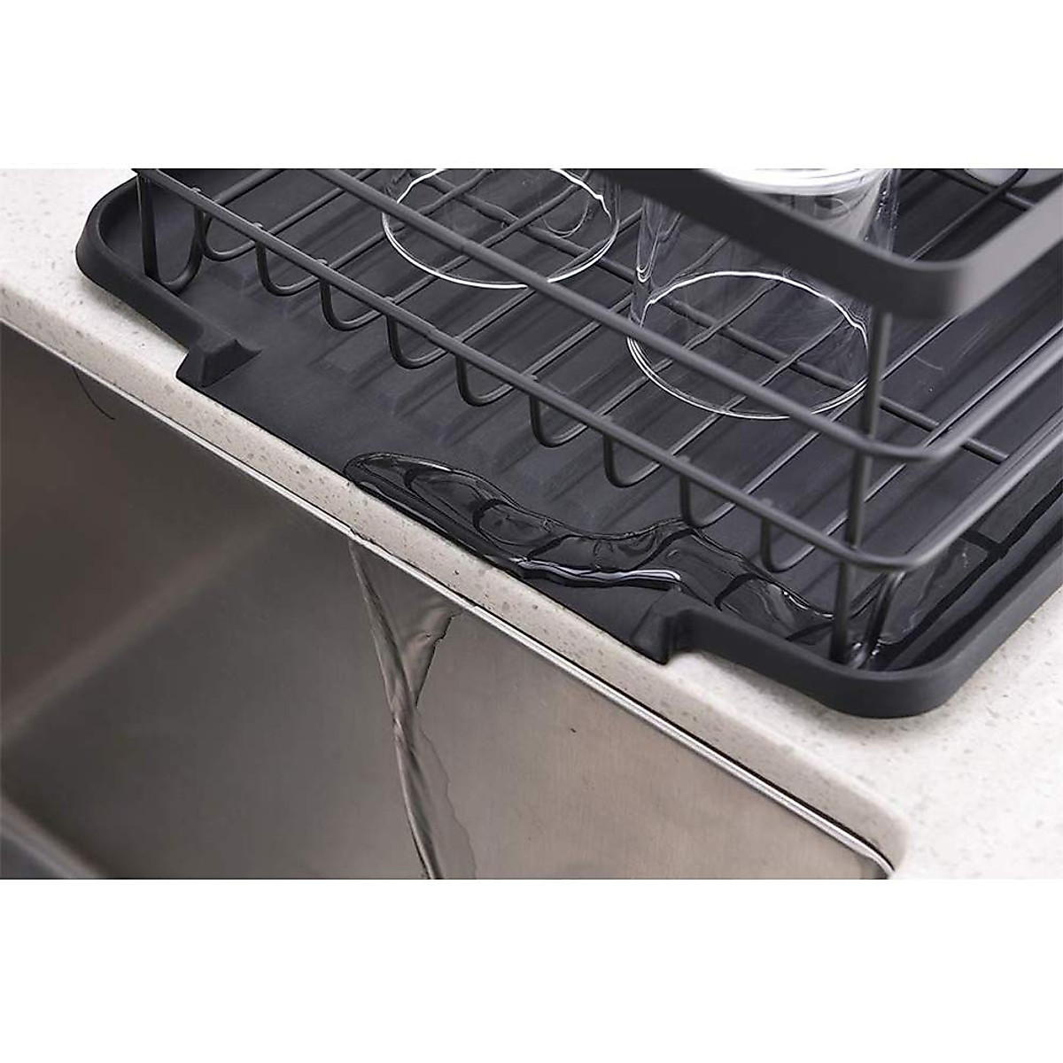Popity home Dish Drying Rack, Large Kitchen Dish Drying Rack, Metal Dish Rack, Drying Rack with Black Drainboard, Spoons and Knives Storage Box