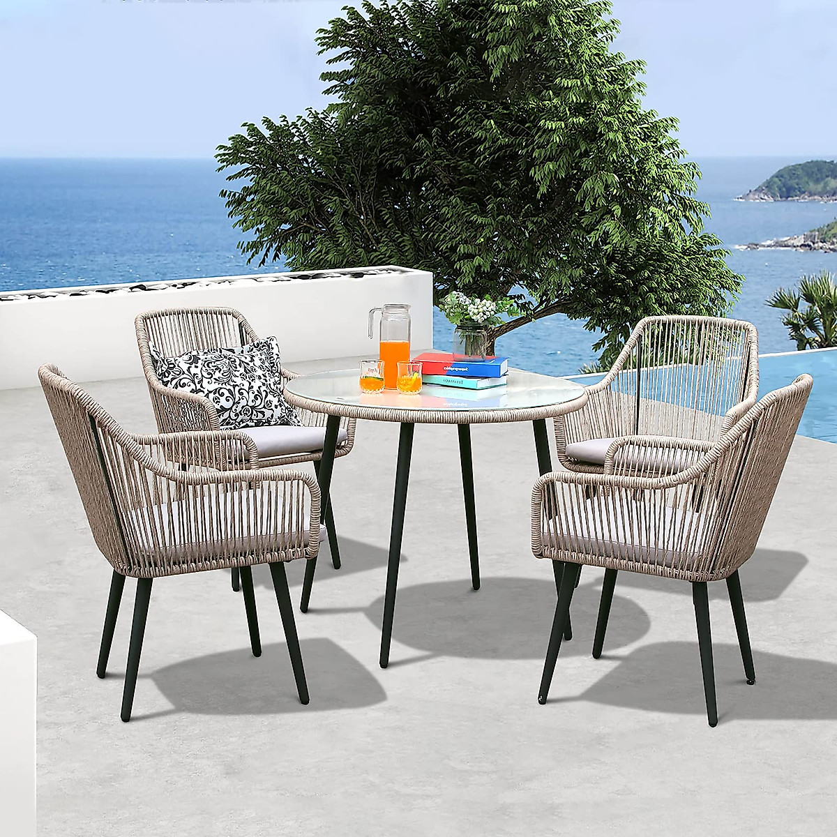 Patiorama 5-Piece Patio Dining Set, Outdoor Dining Table Chair Set, All-Weather Twisted Rattan Wicker Rope Conversation Set, Patio Furniture Set w/Umbrella Hole, 4 Cushioned Chairs&Glass Table(Tan)