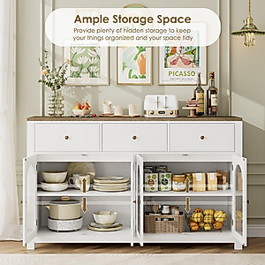 FINETONES Buffet Cabinet with Storage, 55.1" Large Sideboard Buffet Cabinet, Farmhouse Kitchen Cabinet Display Cabinet with 3 Drawers and 4 Doors, Wood Coffee Bar Cabinet for Kitchen Dining Room