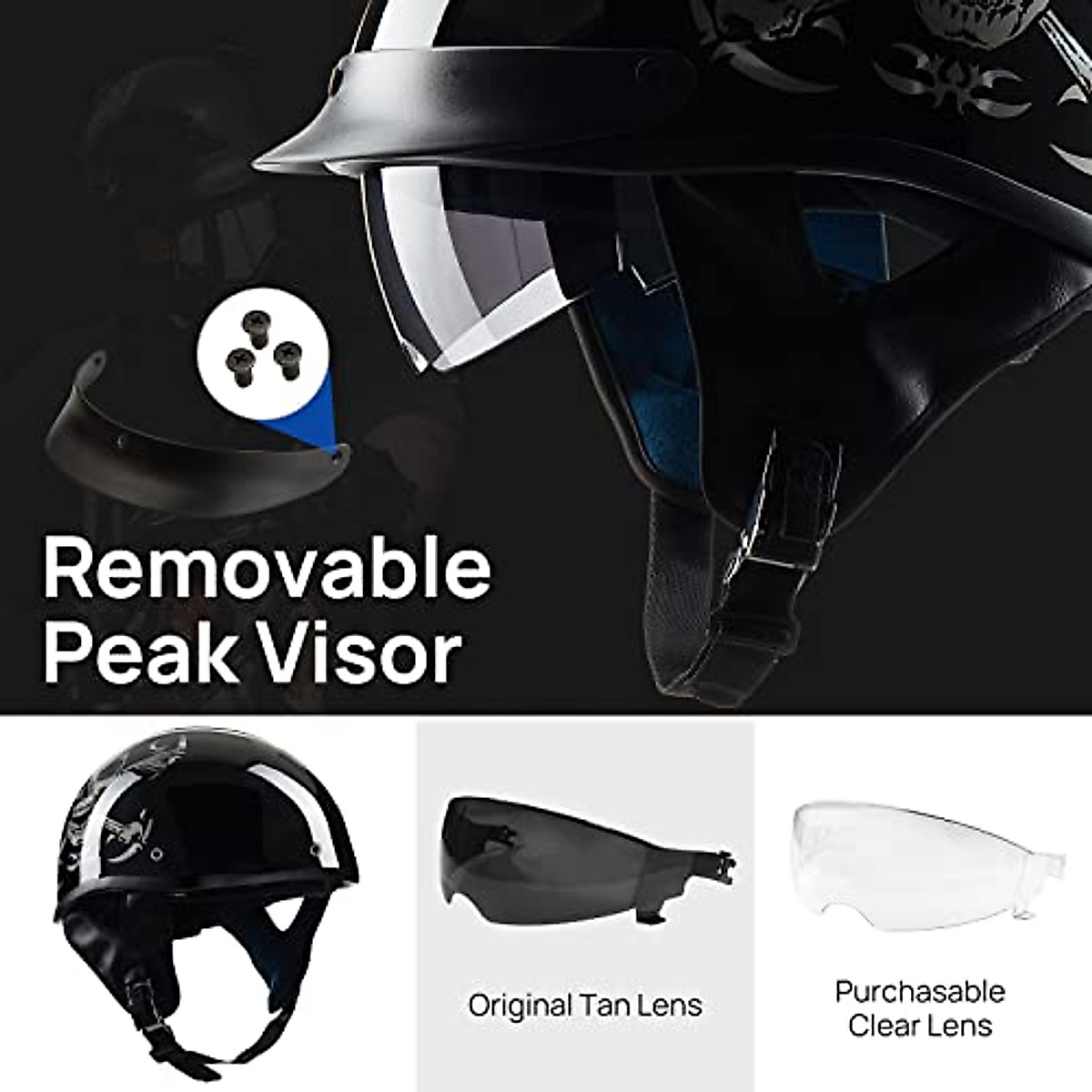 ILM Half Helmet Open Face Motorcycle Helmets for Moped Cruiser Scooter with Sun Visor, DOT Approved Model-210V (Skull, XX-Large)