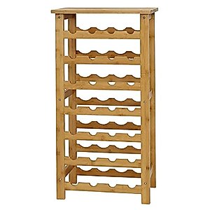 Kinbor 7-Tier Bamboo Wine Rack with Display Shelf, Standing Storage Organizer with 28 Bottles Holder for Bar, Wine Cellar, Basement, Living Room, Pantry, Kitchen