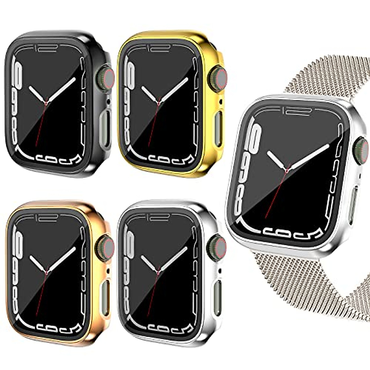 [4 Pack] Hard PC Plating Case Compatible for Apple Watch Series 7 45mm with Tempered Glass Screen Protector, Full Around Protective Cover Bumper for iWatch Smartwatch