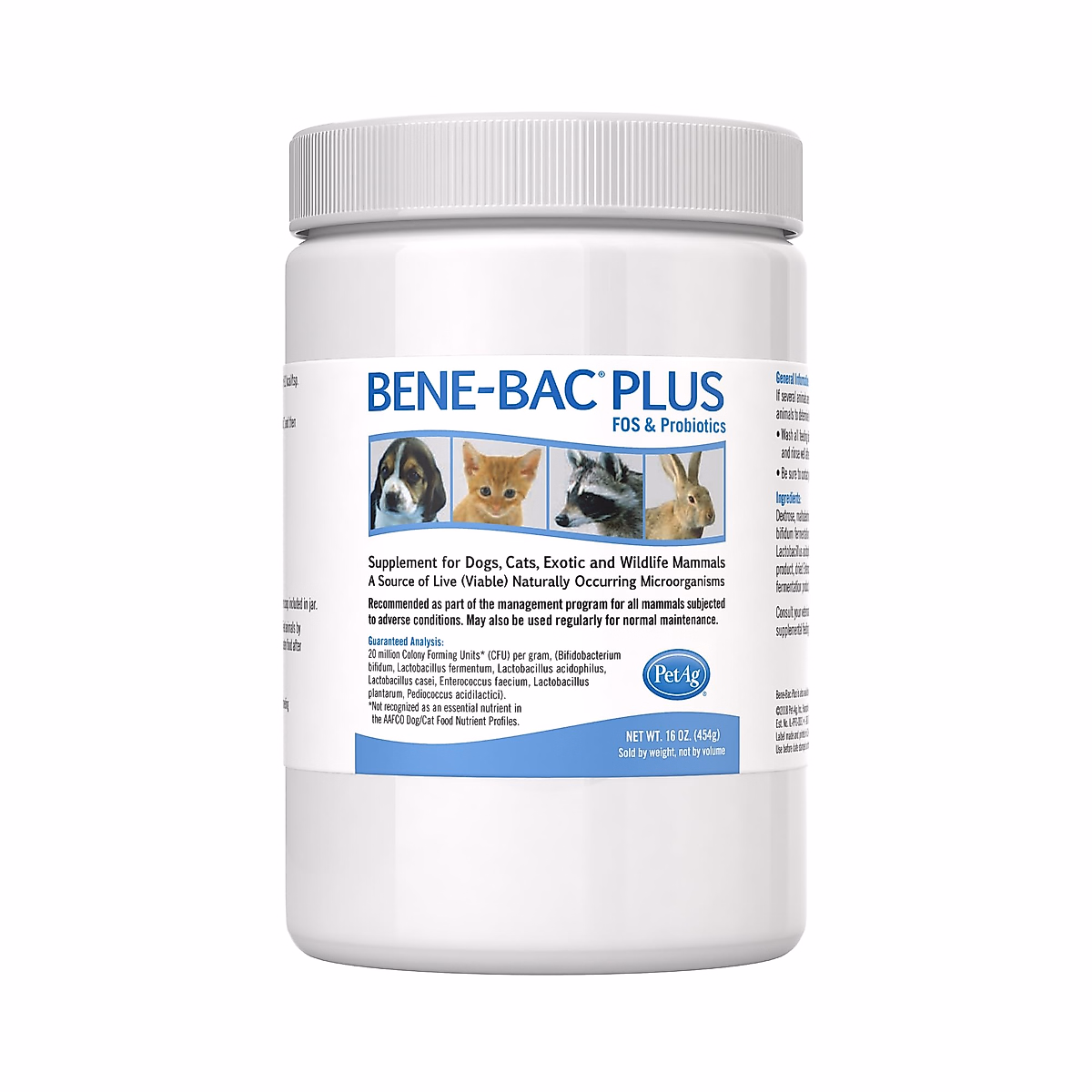Pet-Ag Bene-Bac Plus - 1 lb Powder - FOS & Probiotics for Dogs, Cats, Exotic & Wildlife Mammals