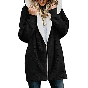Yanekop Womens Oversized Sherpa Jacket Fuzzy Fleece Jackets Zip Up Outerwear Sweater Coat with Hood(A Black,S)