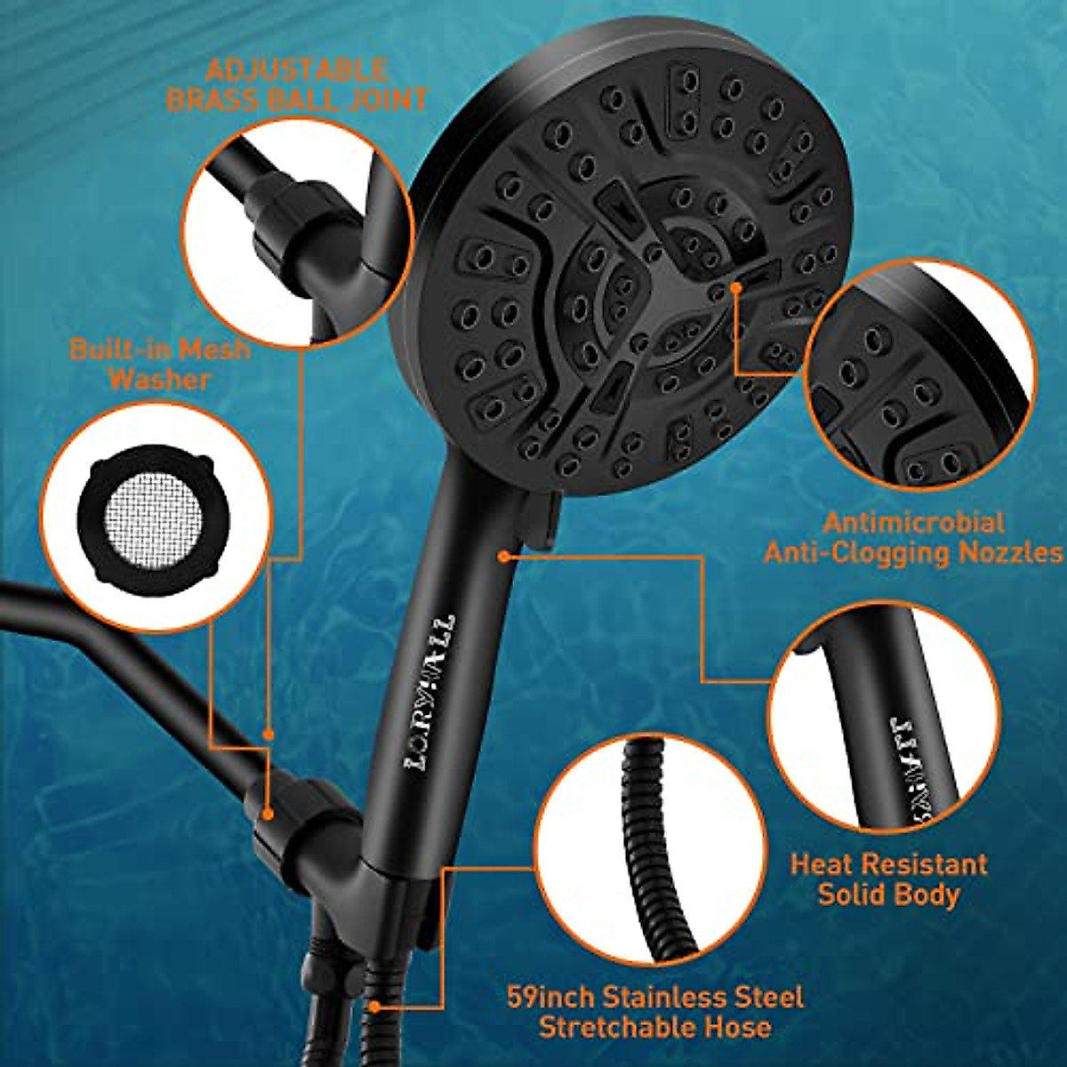 High Pressure Shower Head with Handheld, 59 inch Stainless Steel Shower Hose, 10 Functions Powerful Shower Spray, Anti-clog Nozzles, Built-in Power Wash to Clean Tub Top, Tile & Pets (Matte Black)