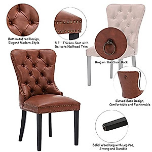 CIMOTA PU Leather Dining Chairs Set of 2, Upholstered Modern Tufted Dining Room Chairs Nailhead Trim Armless Side Chair with Solid Wood for Kitchen/Dining Room/Bedroom (Brown, Ring on The Back)