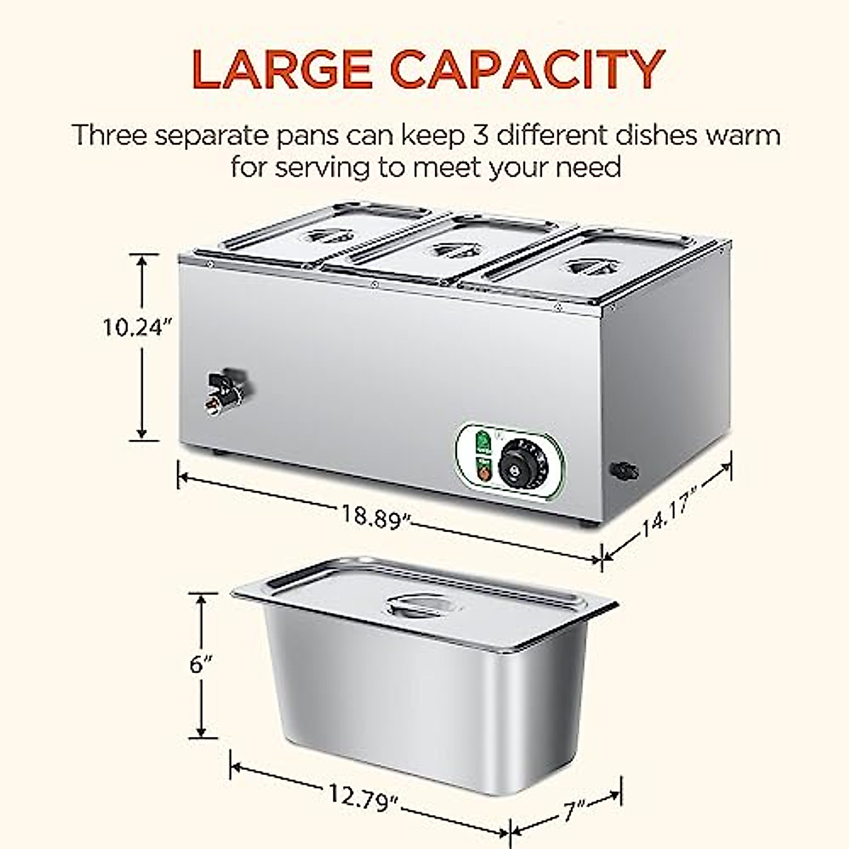 Cavlhils 3-Pan Commercial Bain Marie Buffet Steam Table Stainless Steel Food Warmer, 3x7QT 6" Deep 1500W Electric Countertop Warmers with 86-185°F Temp Control for Parties, Catering, Restaurant