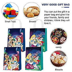 16 Pcs Alice in Wonderland Party Paper Gift Bags, 2 Styles Party Favor Bags with Handles for Alice in Wonderland Party Decorations, Goody Bags Candy Gift Bags for Girls Boys Birthday Party Supplies Favors