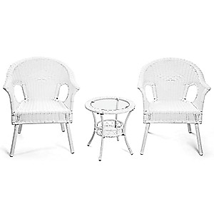 MeetLeisure Bistro Set 3 Pieces Outdoor Patio Furniture Set, Wicker Chairs Set of 2 with Outdoor Side Table, Outdoor Chairs for Patio Lawn Porch, White