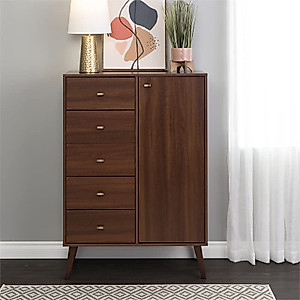 Prepac Milo Mid-Century 5 Drawer Combo Chest with Door, 16" D x 34.5" W x 49" H, Cherry