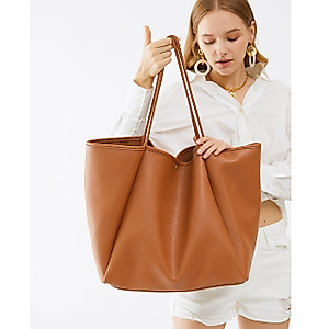Oversize Vegan Leather Tote Women Weekender Bag Shopper Handbag Travel Purse (Brown)