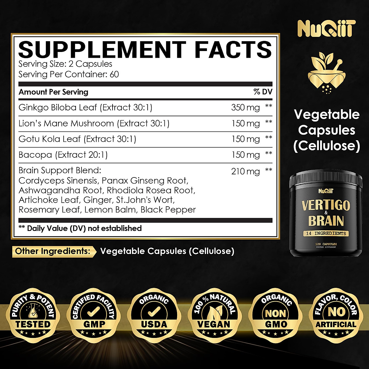 NUQIIT Vertigo & Brain Supplement with Ginkgo Biloba Leaf 10500mg Lions Mane 4500mg & More - Support Memory, Focus & Brain Health - 120 Capsules for 2-Month Supply
